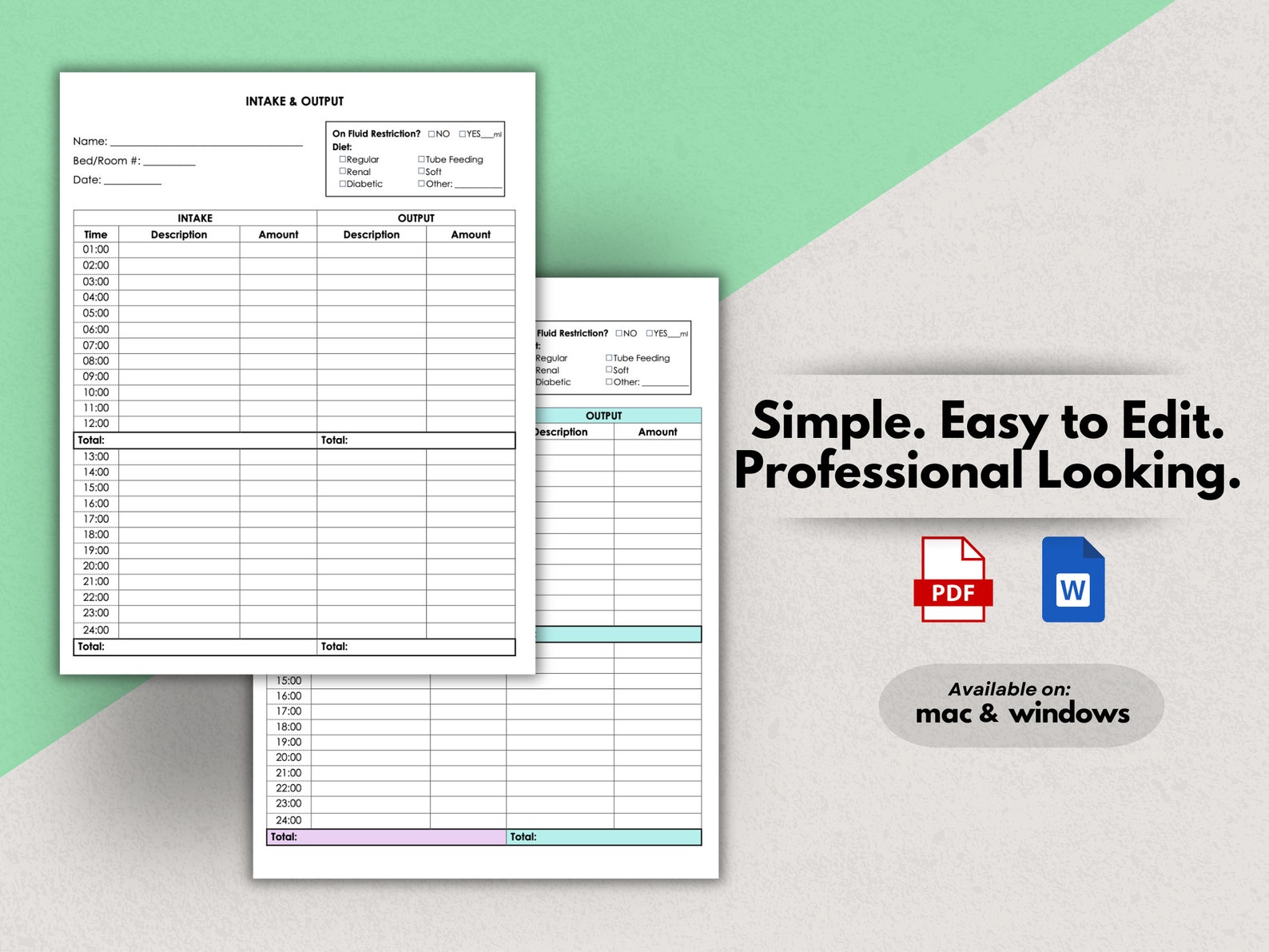 Fluids Intake and Output Record, Fluid Balance Chart, Intake and Output ...