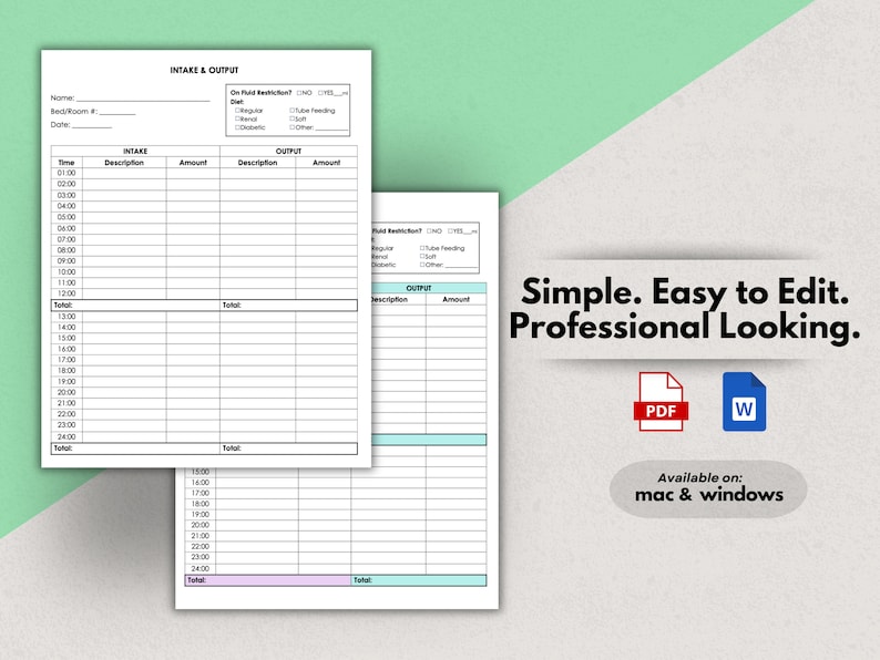 Fluids Intake and Output Record, Fluid Balance Chart, Intake and Output ...
