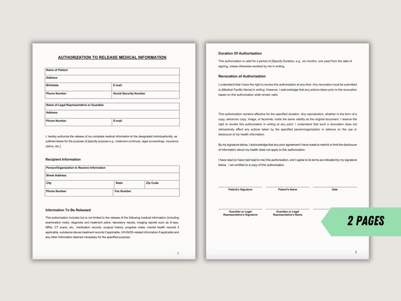 Medical Information Release Form HIPAA Release Form Medical Records ...
