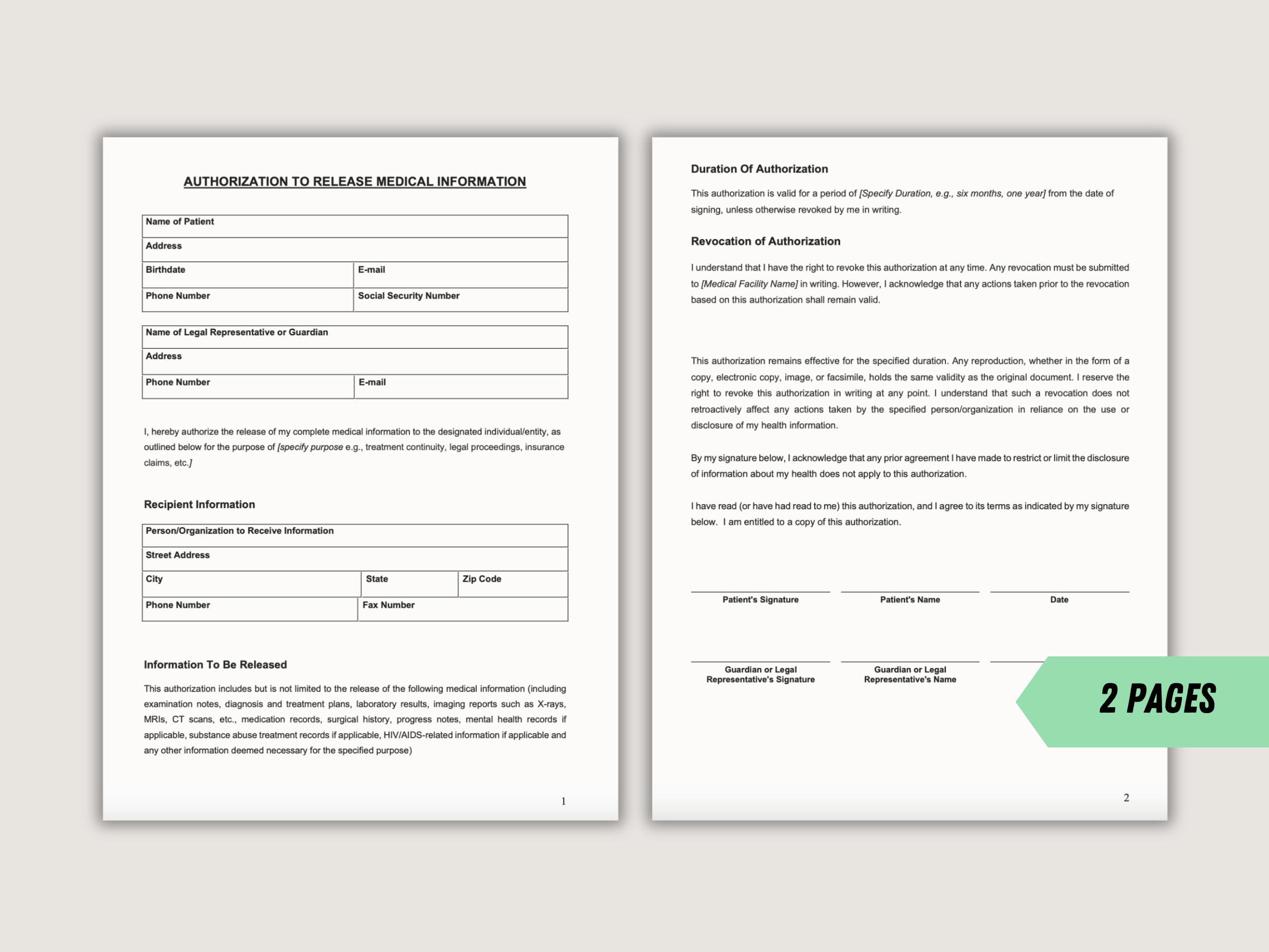 Medical Information Release Form HIPAA Release Form Medical Records ...