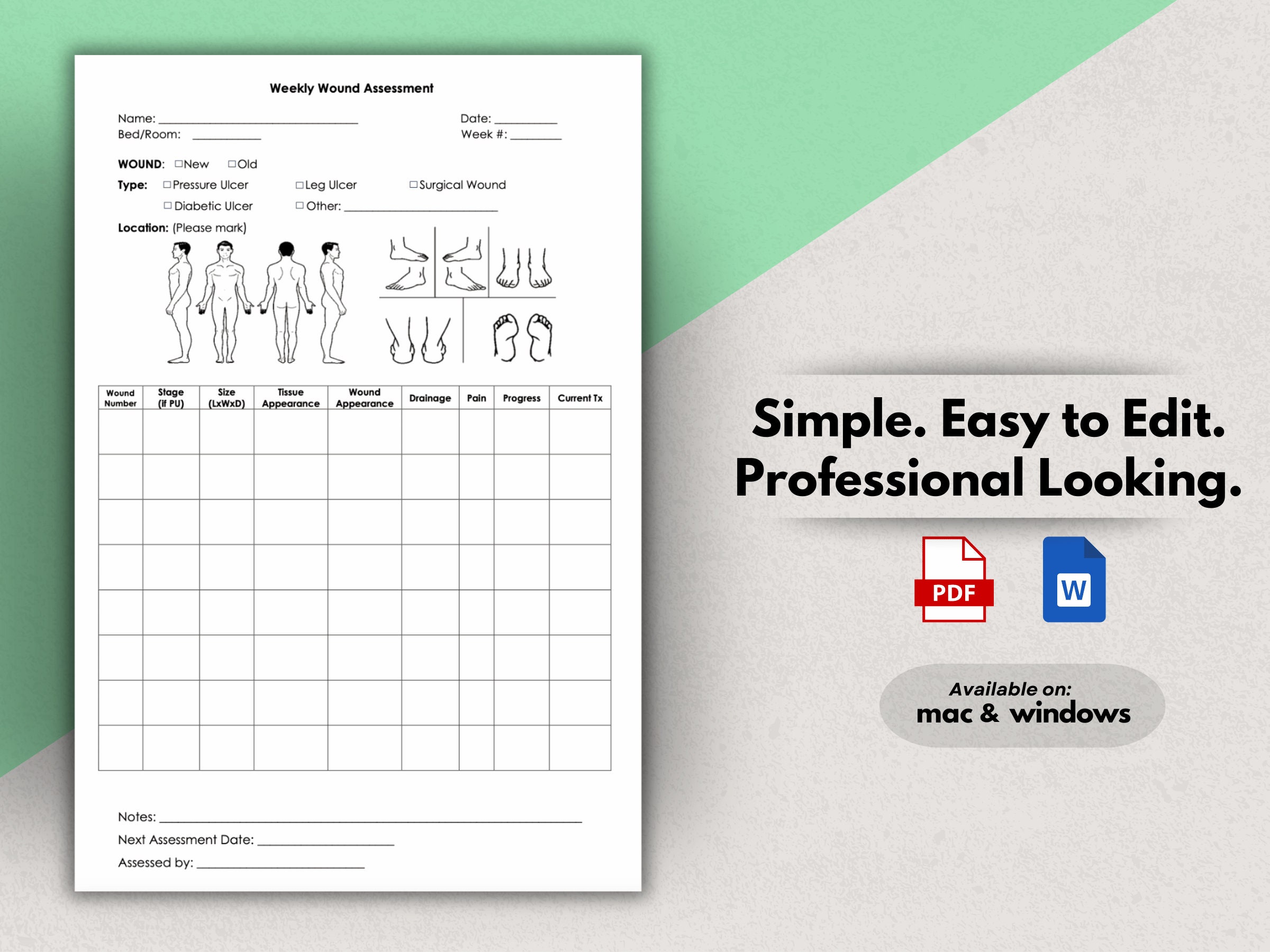 Weekly Wound Assessment Sheet: Nurse Report (PDF & Word) - Etsy