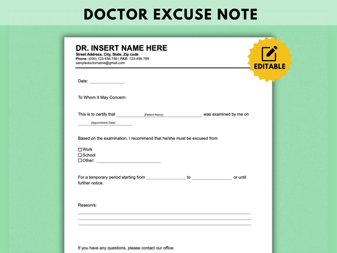 Doctors Excuse Note for Work Editable Physician Excuse Note Sick Leave ...