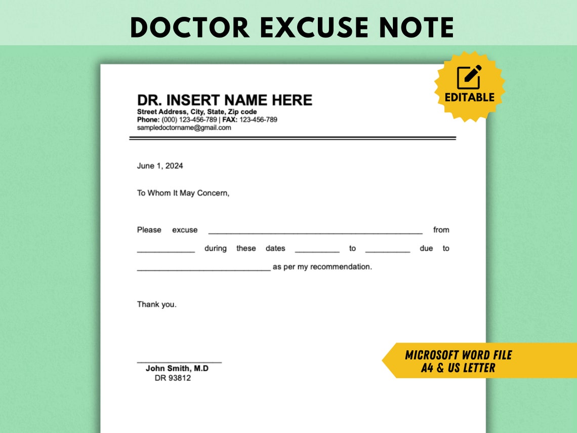Editable Doctor's Note Template: Excuse Letter (microsoft Word File) - Etsy