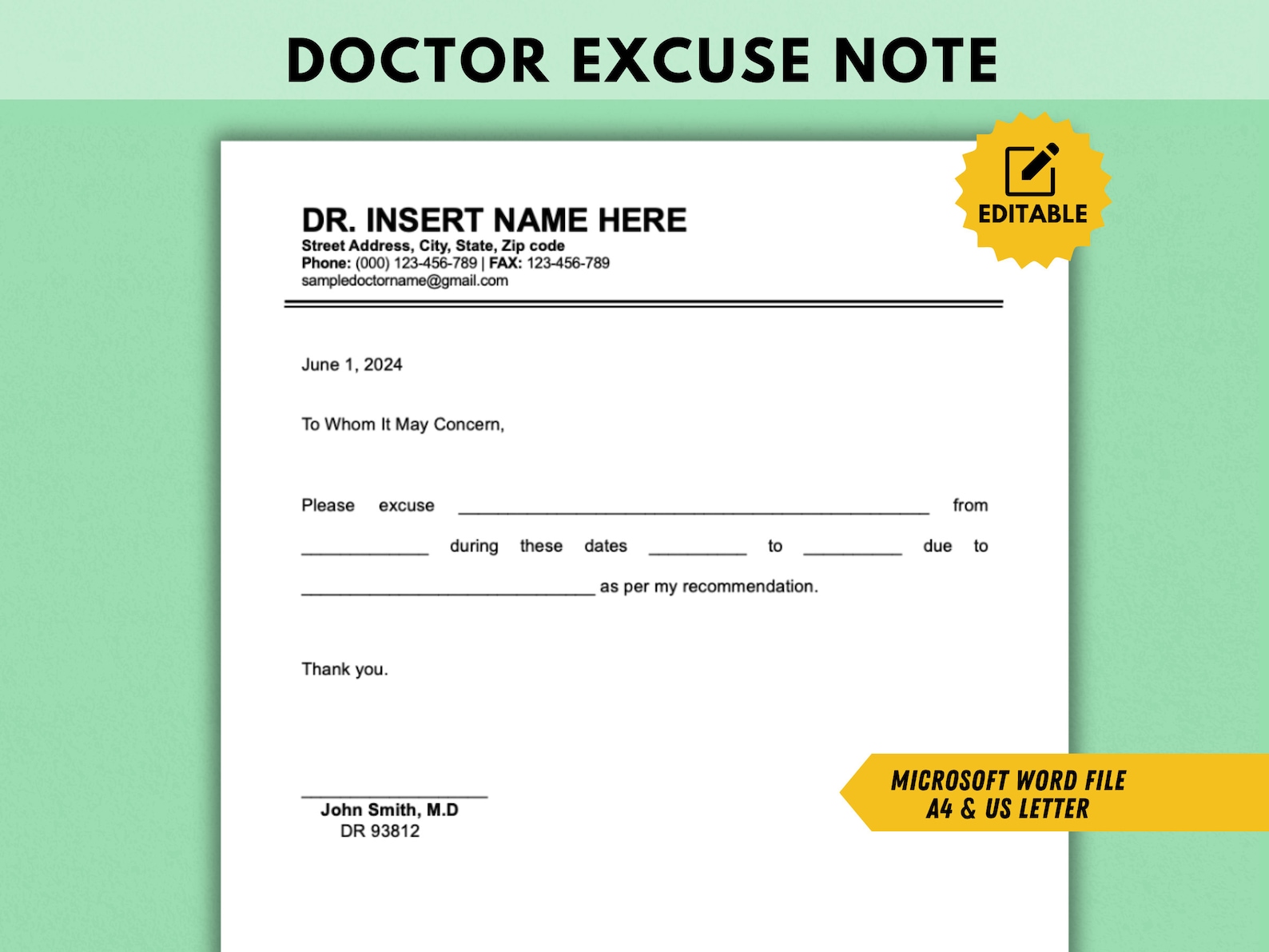 Editable Doctor's Note Template: Excuse Letter (microsoft Word File) - Etsy