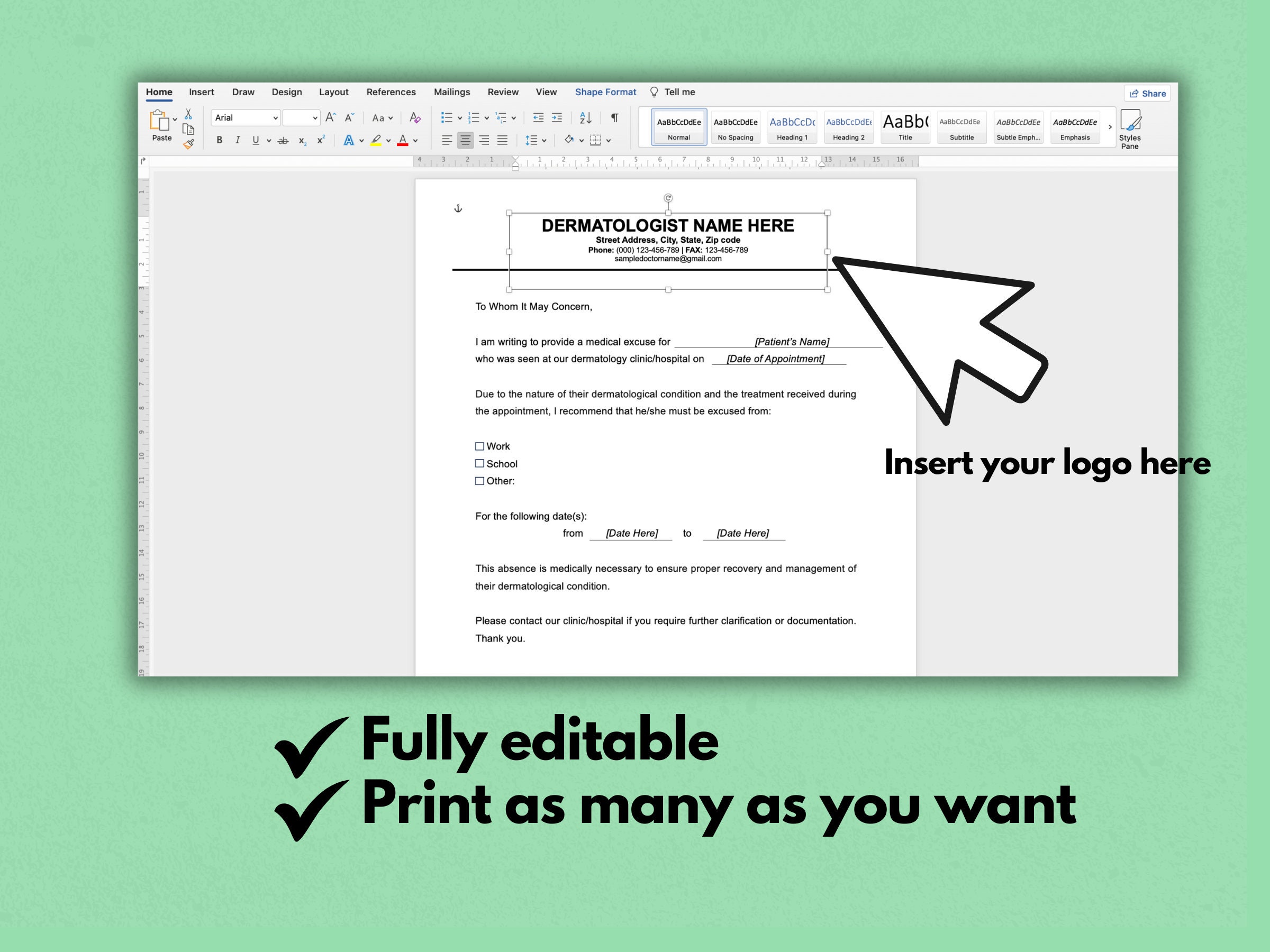 Dermatology Excuse Note Template Dermatologist Doctor Medical Excuse ...