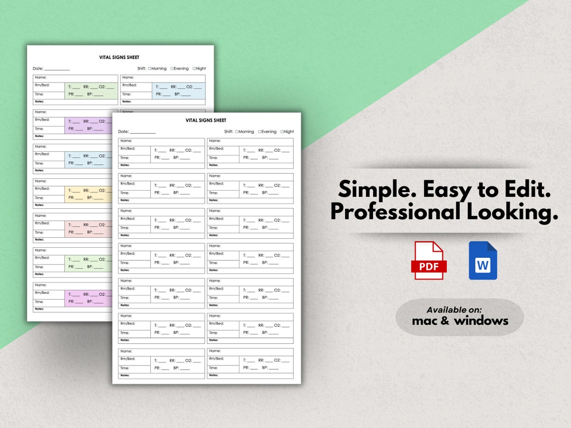 Vital Signs Monitoring Sheet, Nurse Notes Chart Template Printable ...