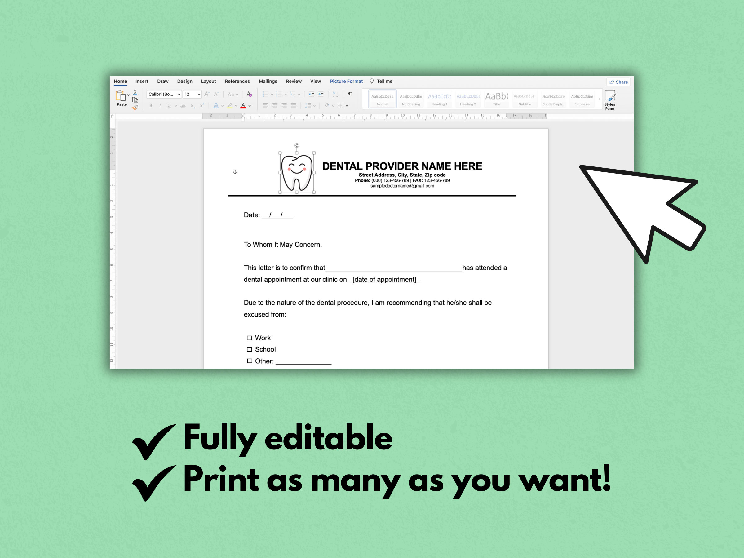 Dentist Excuse Note Template Orthodontic Medical Excuse Note Editable ...