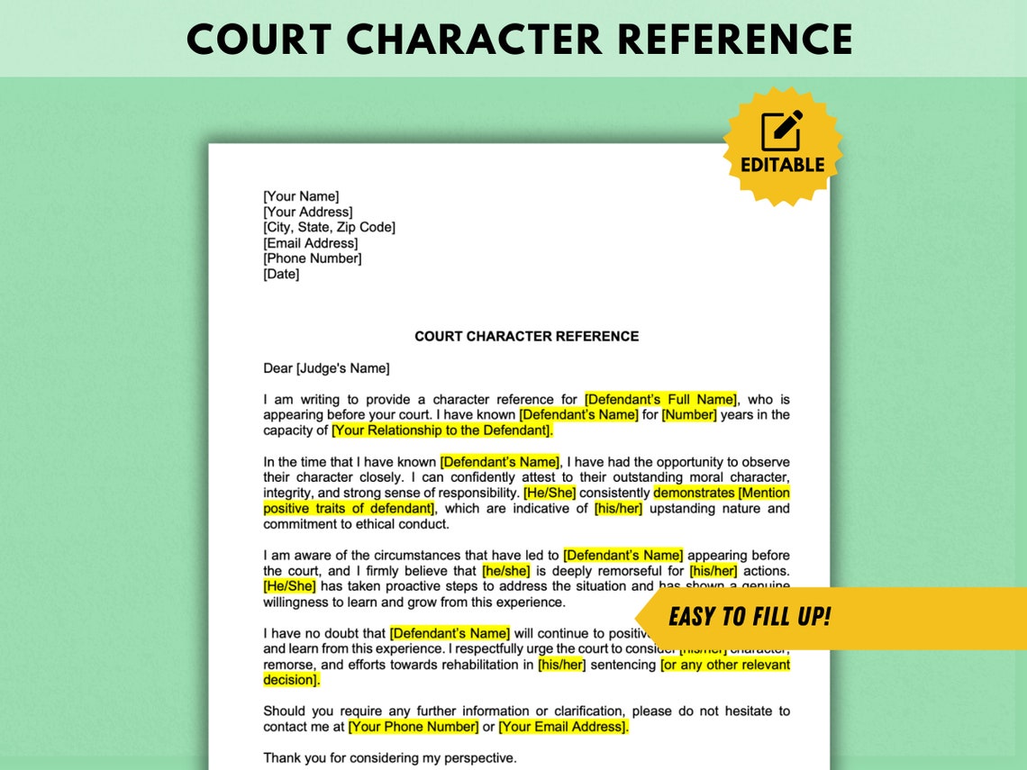 Character Reference Letter Template, Court Character Letter, Character ...