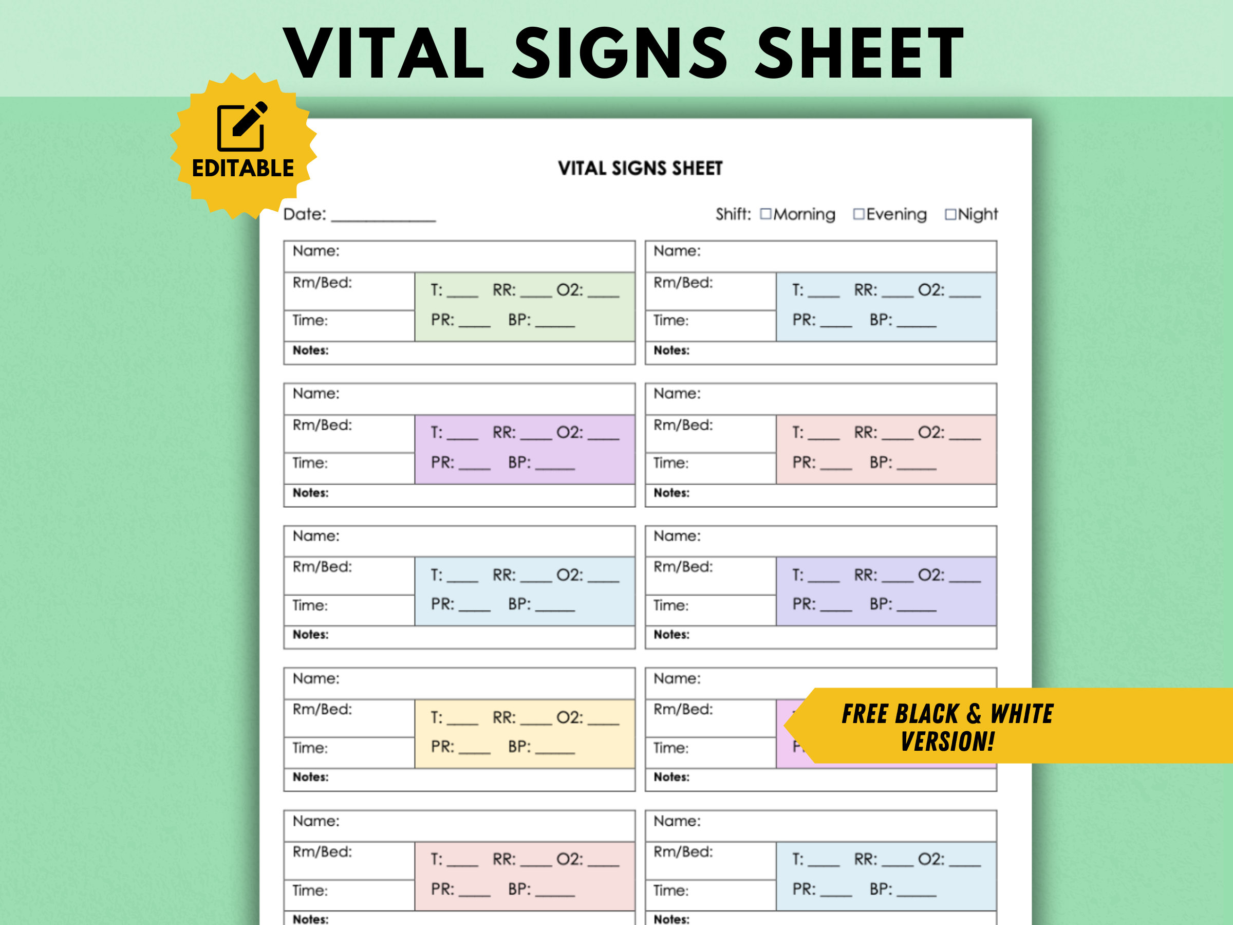 Vital Signs Monitoring Sheet, Nurse Notes Chart Template Printable ...