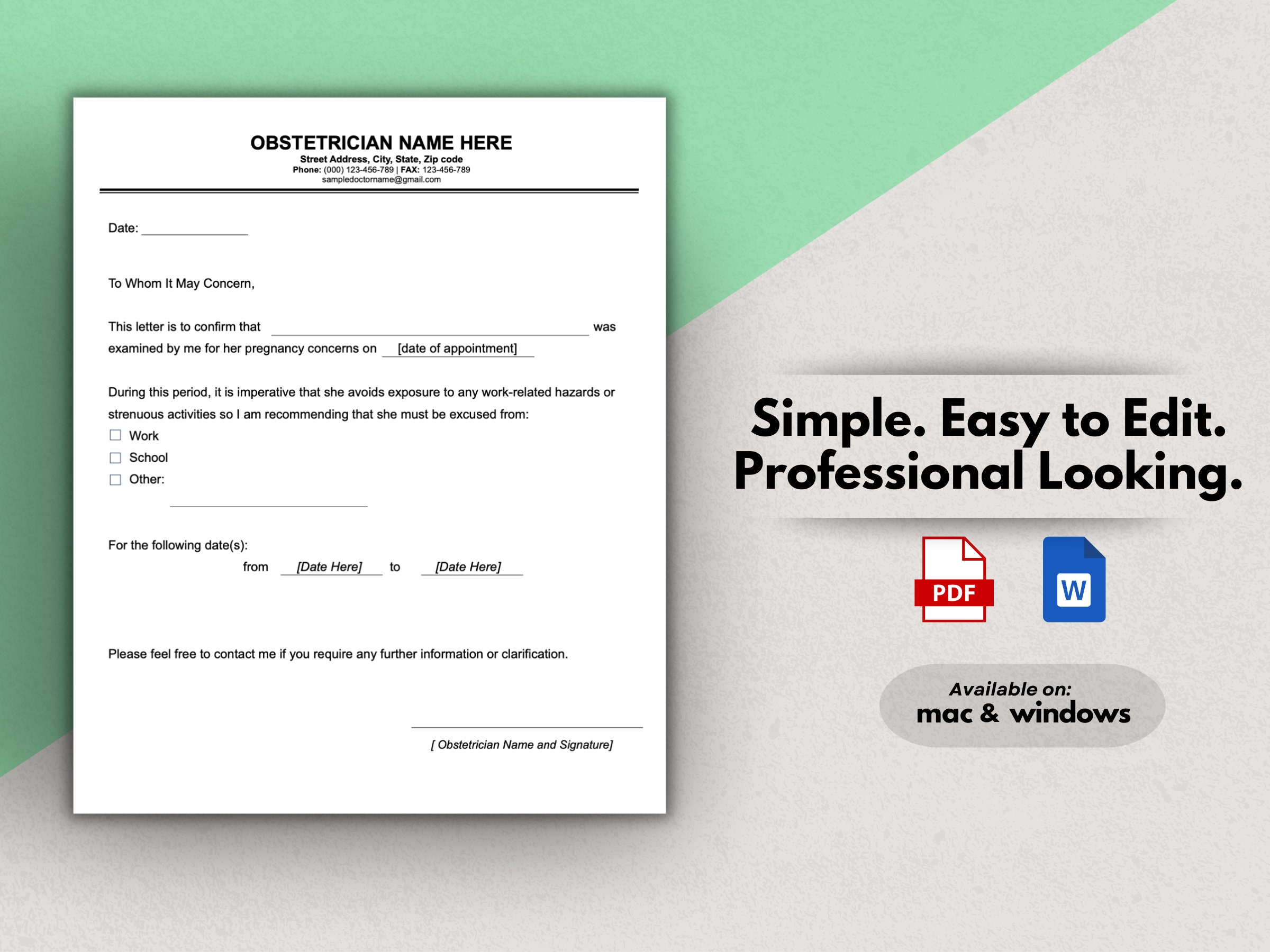 Doctor Excuse Note Template for Obstetrician, Medical Excuse Note ...