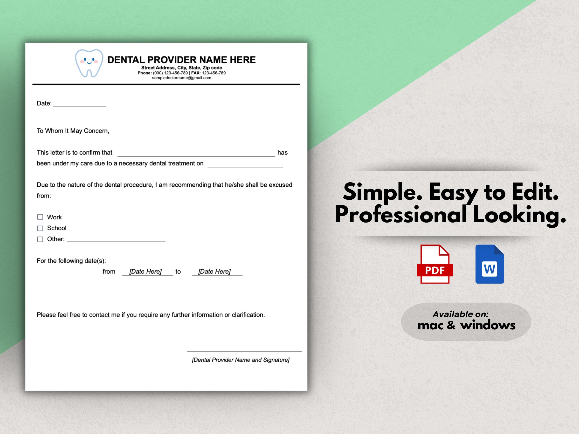 Dentist Excuse Note Template Orthodontic Medical Excuse Note Editable ...