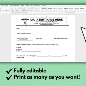 Doctors Excuse Note for Work Editable Emergency Excuse Note Sick Leave ...