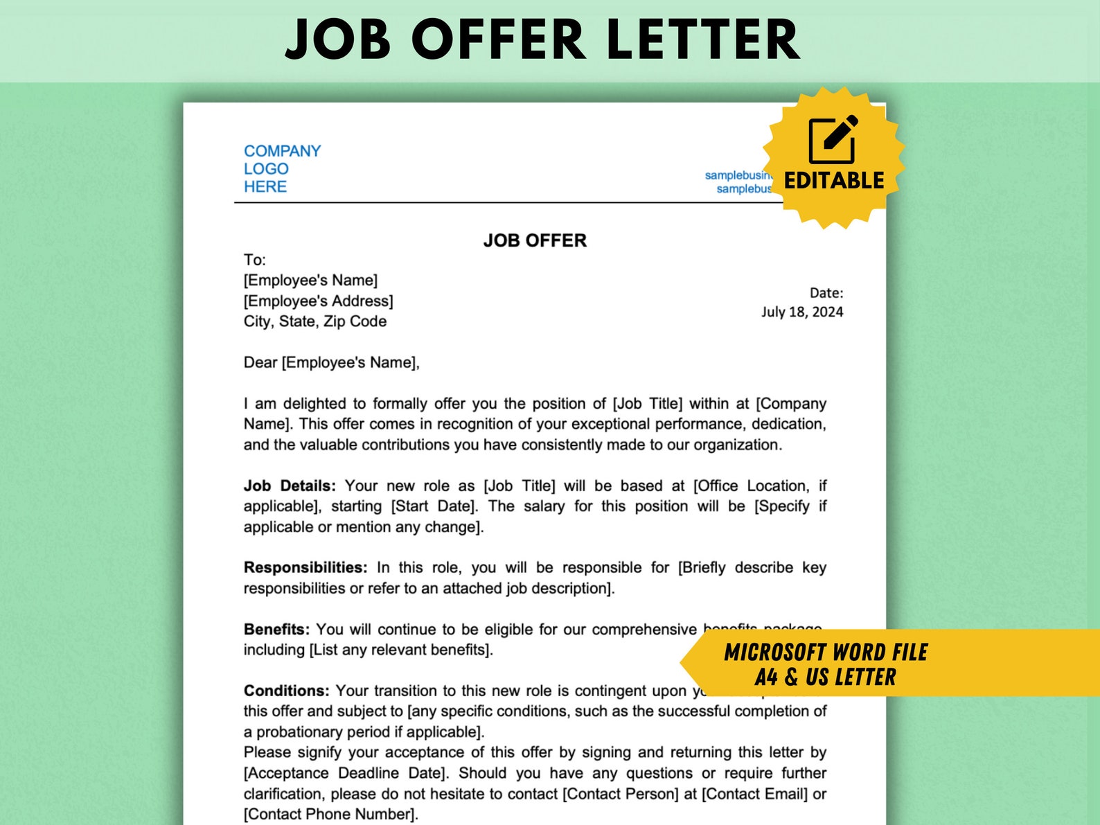 Professional Job Offer Letter Template: Editable US Letter (microsoft ...