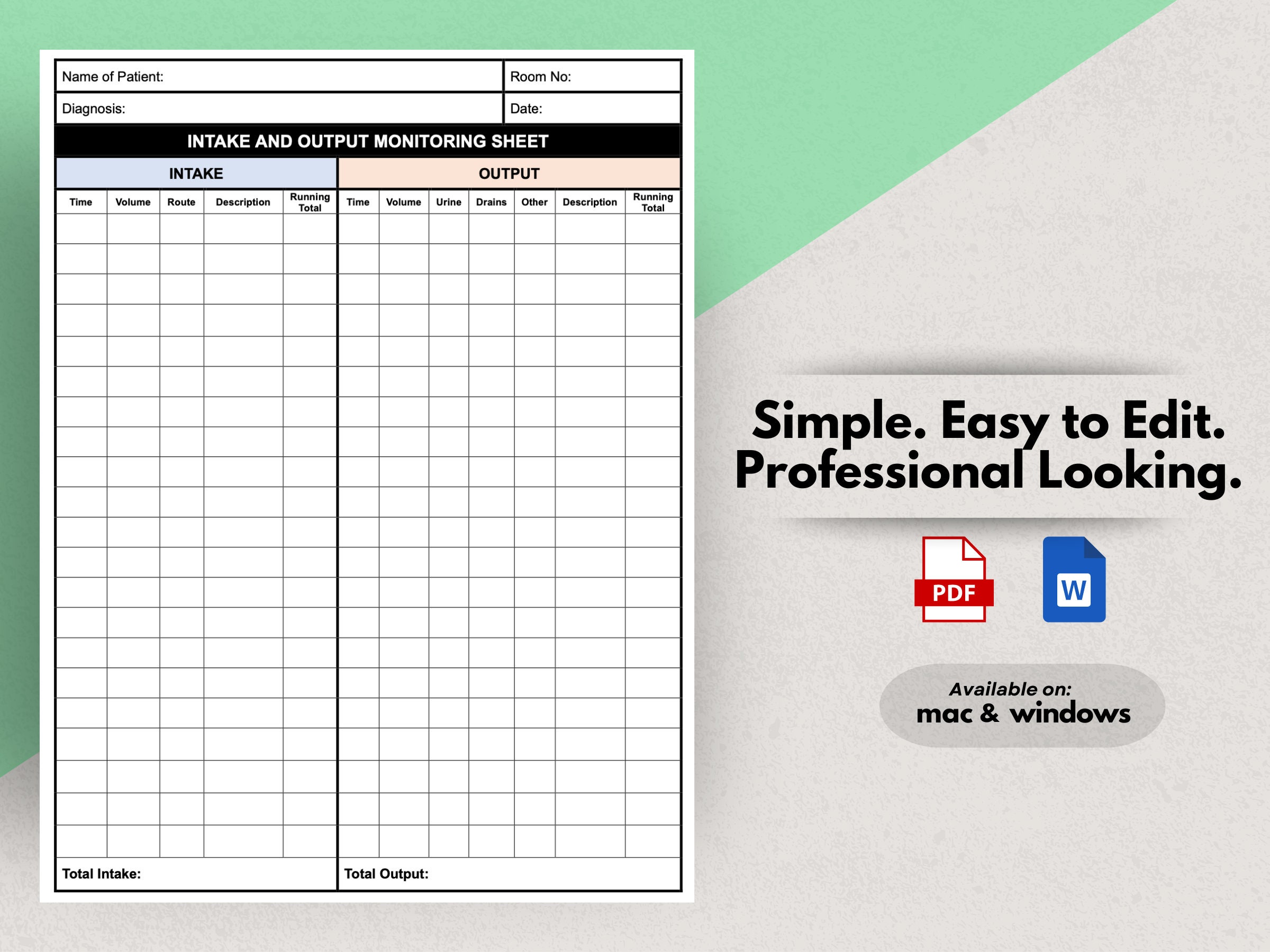 Intake and Output Monitoring Sheet, ICU Nursing Monitoring Sheet, Med ...