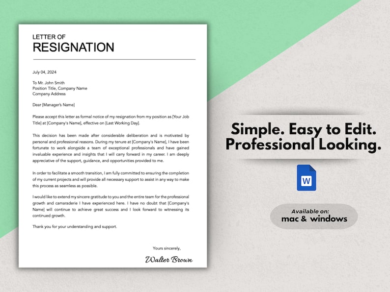 Professional Resignation Letter Template: Editable Microsoft Word (A4 ...