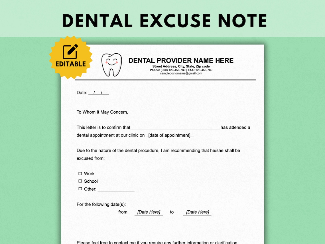Dentist Excuse Note Template Orthodontic Medical Excuse Note Editable ...
