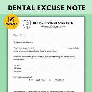 Dentist Excuse Note Template Orthodontic Medical Excuse Note Editable ...