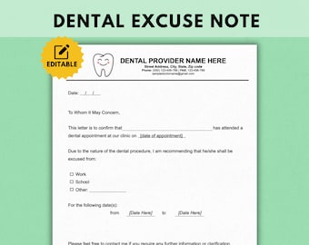 Dentist Excuse Note Template Dental Medical Excuse Note Instant ...