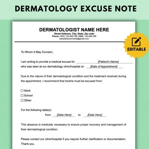Dermatology Excuse Note Template Dermatologist Doctor Medical Excuse ...