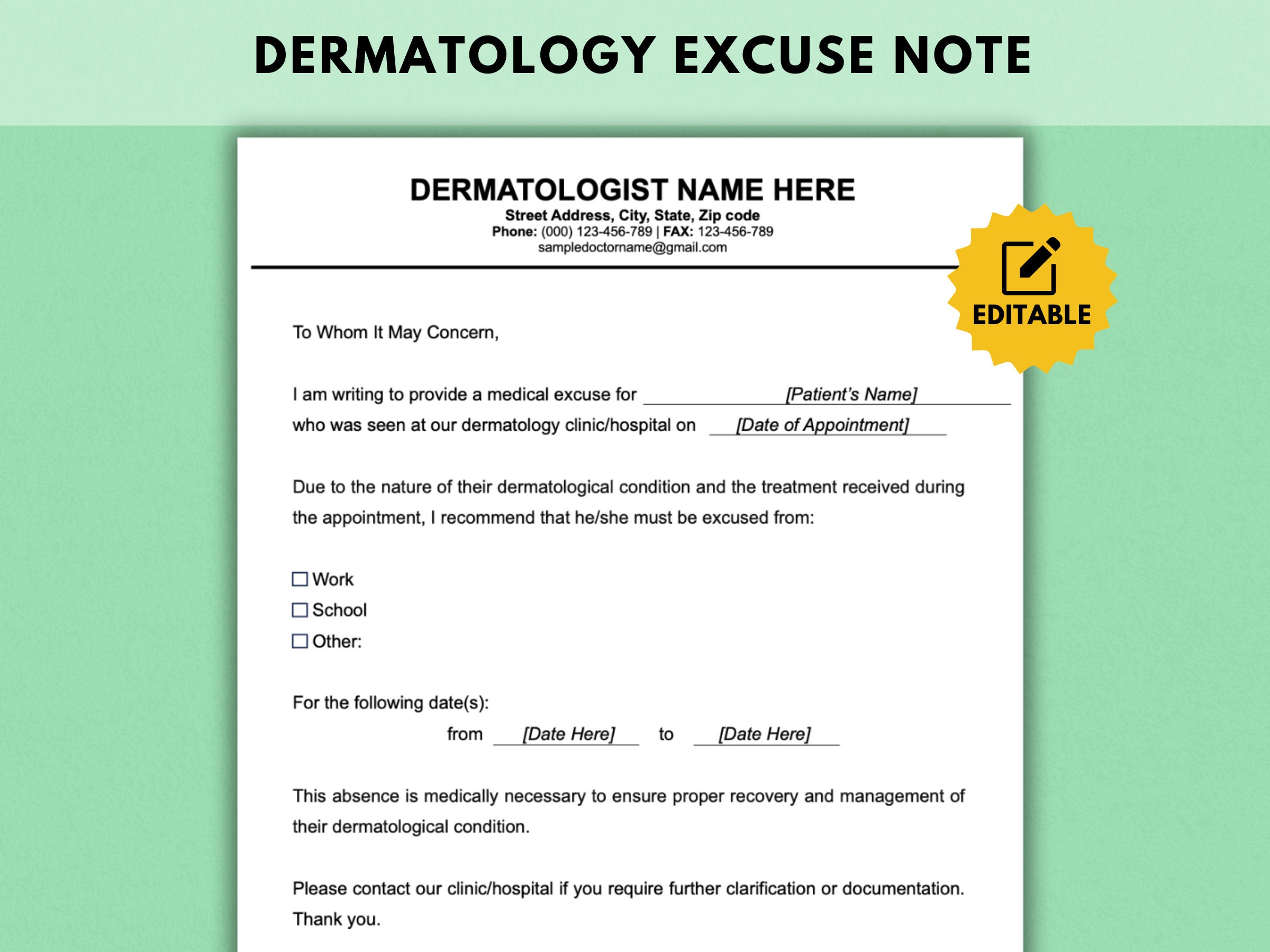 Dermatology Excuse Note Template Dermatologist Doctor Medical Excuse ...
