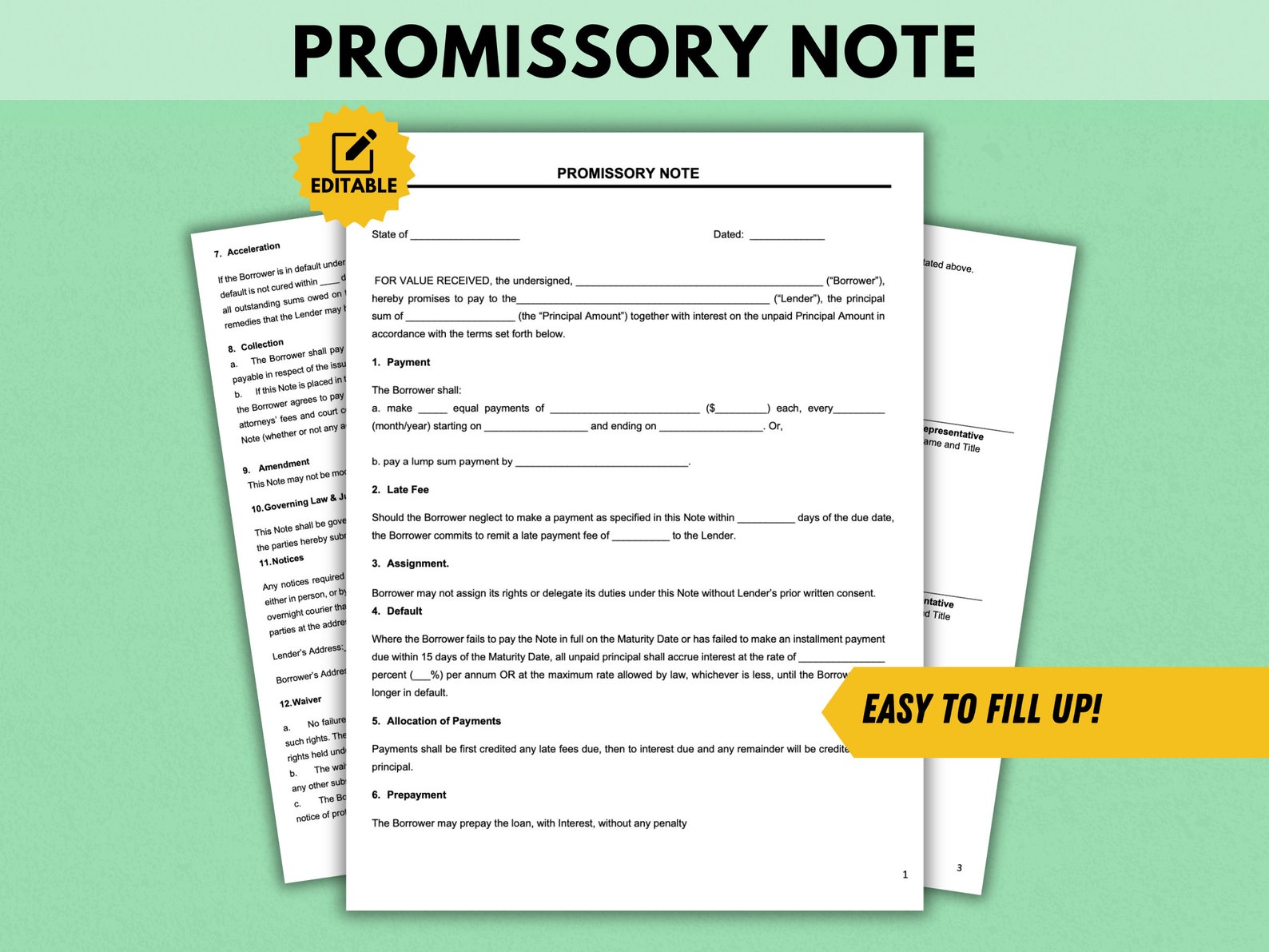 Promissory Note Template for Loans, Promissory Note for Debt Promissory ...