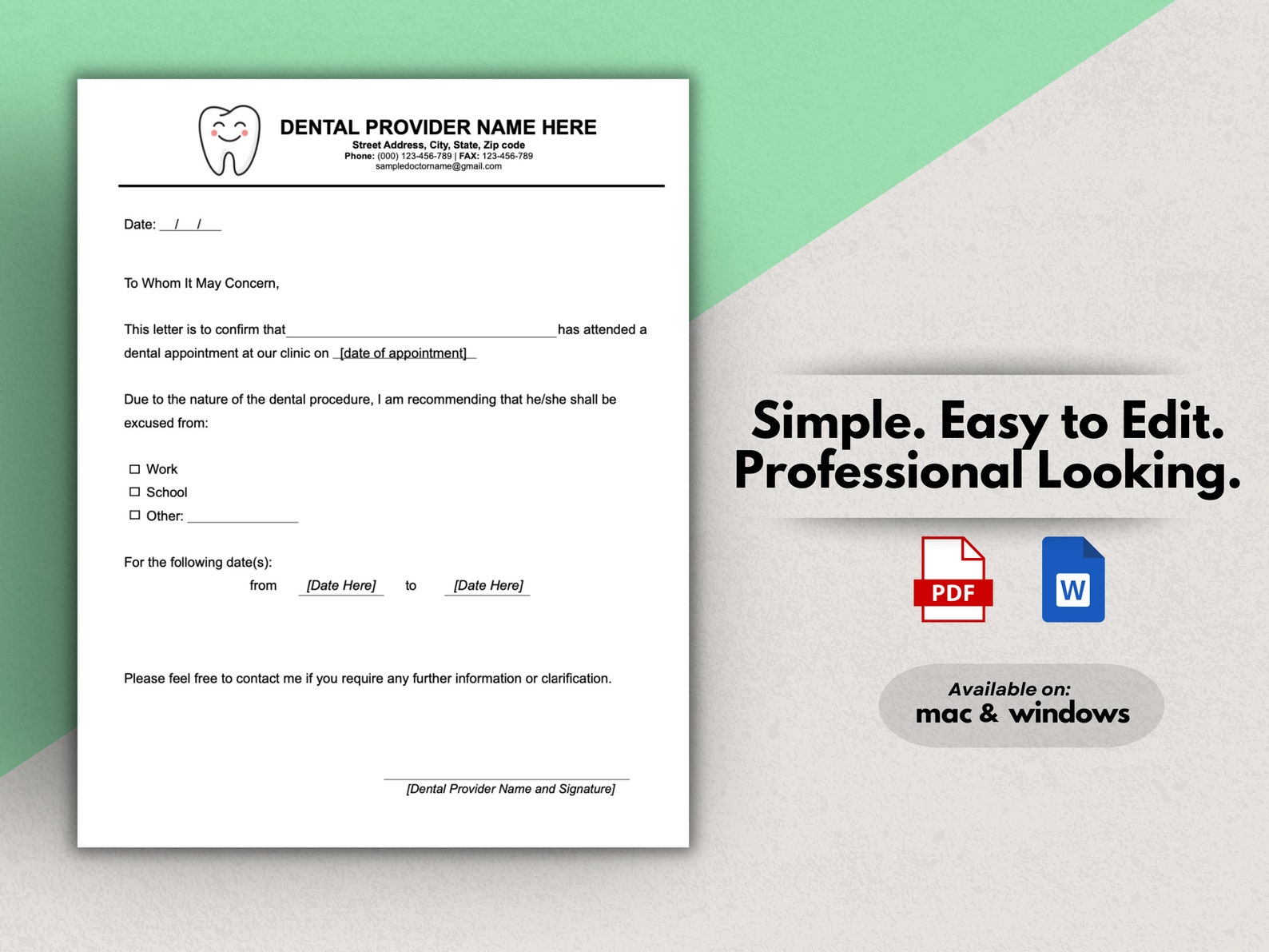 Dentist Excuse Note Template Orthodontic Medical Excuse Note Editable ...