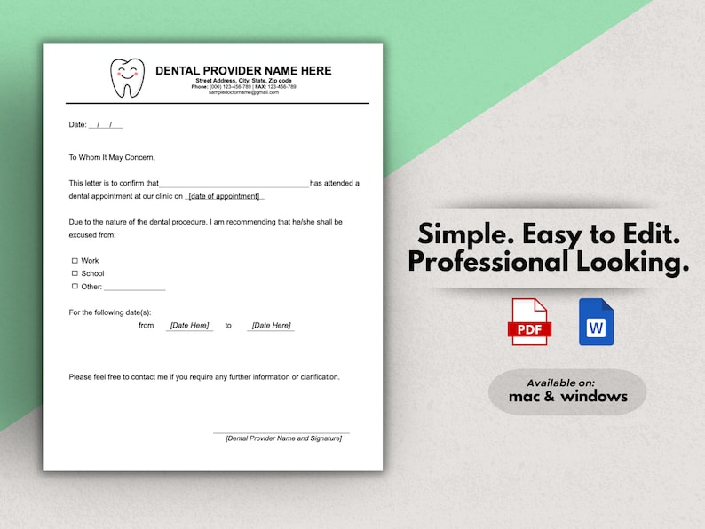 Dentist Excuse Note Template Orthodontic Medical Excuse Note Editable ...