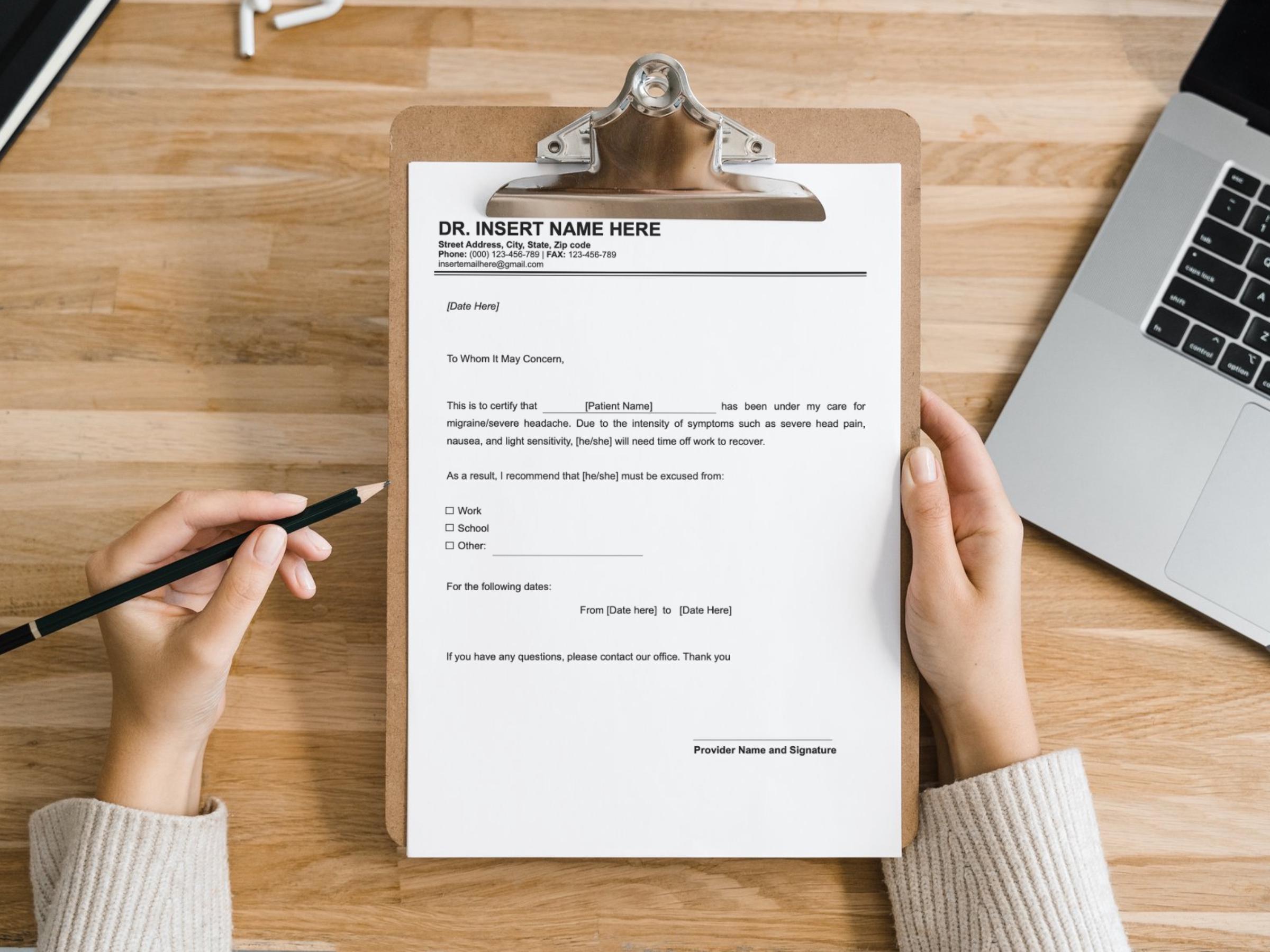 Doctor Excuse Note Template Due to Headache, Medical Excuse Note ...