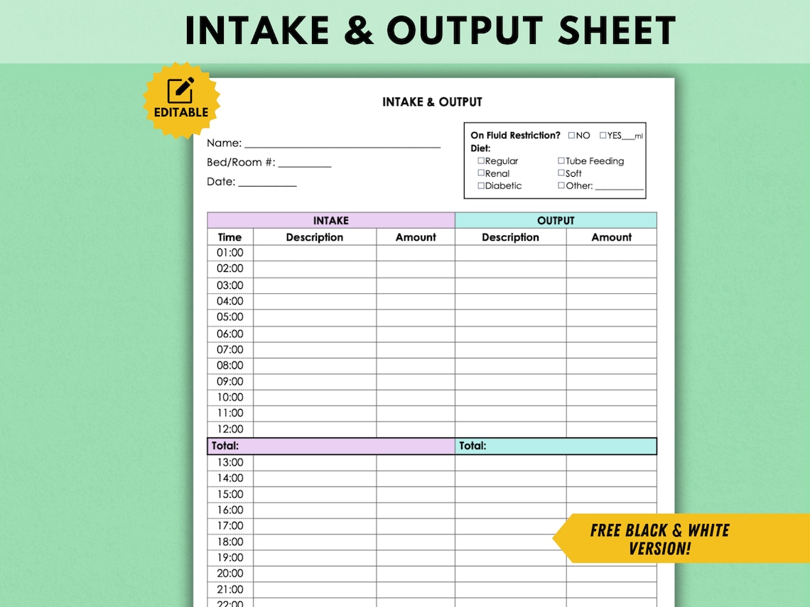 Fluids Intake and Output Record, Fluid Balance Chart, Intake and Output ...