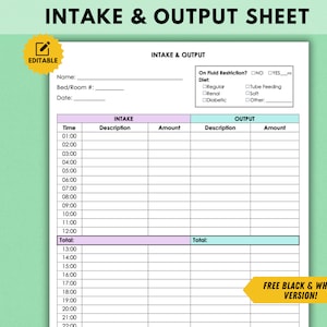 Fluids Intake and Output Record, Fluid Balance Chart, Intake and Output ...
