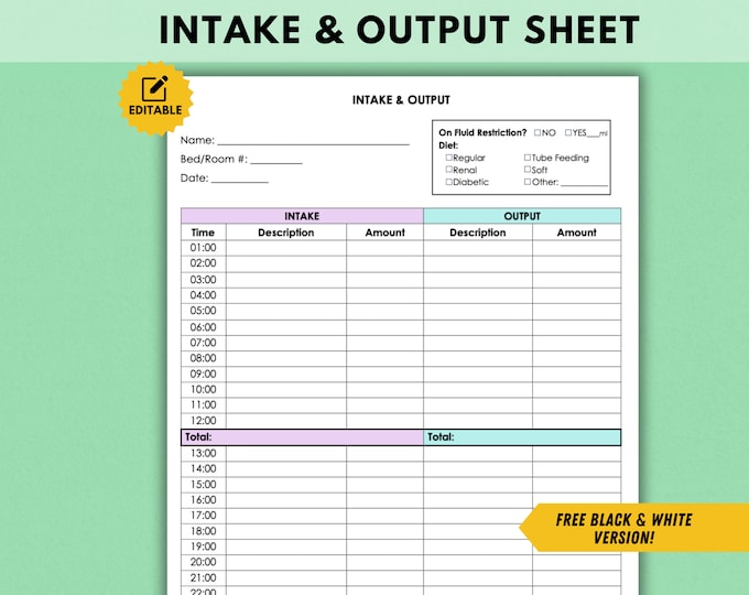Fluids Intake and Output Record an Intake and Output Tracker, Health ...