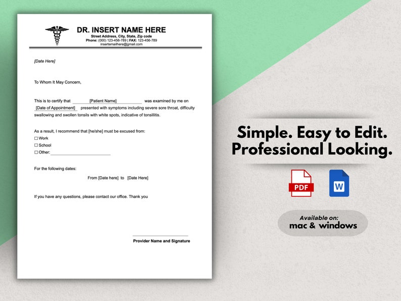 Fillable Doctor Excuse Note Due to Tonsillitis, Doctors Note for Work ...