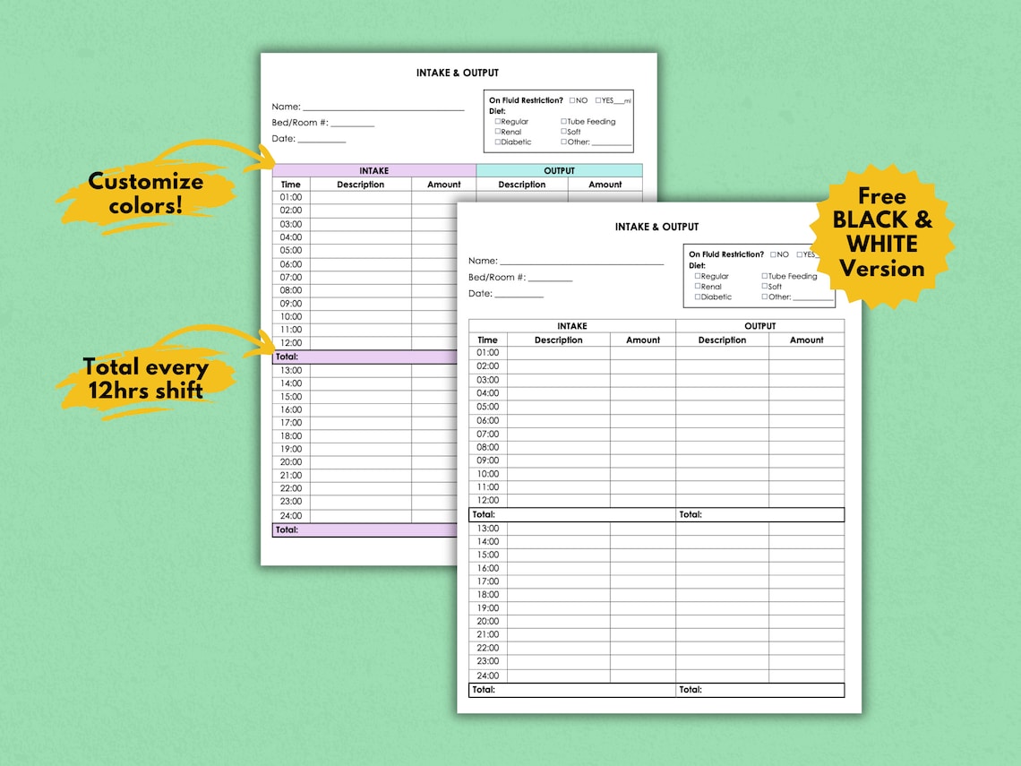 Fluids Intake and Output Record, Fluid Balance Chart, Intake and Output ...
