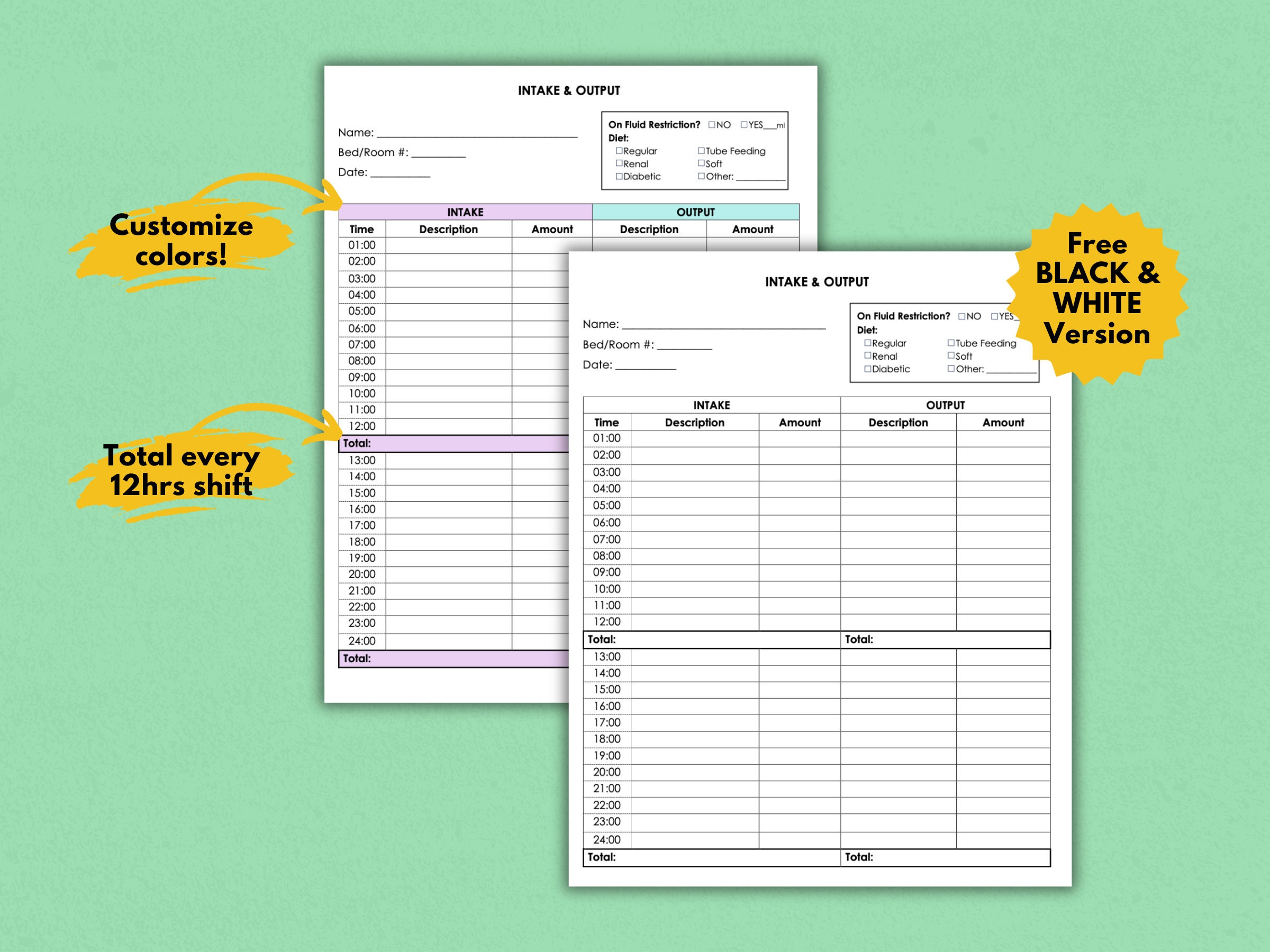 Fluids Intake and Output Record, Fluid Balance Chart, Intake and Output ...