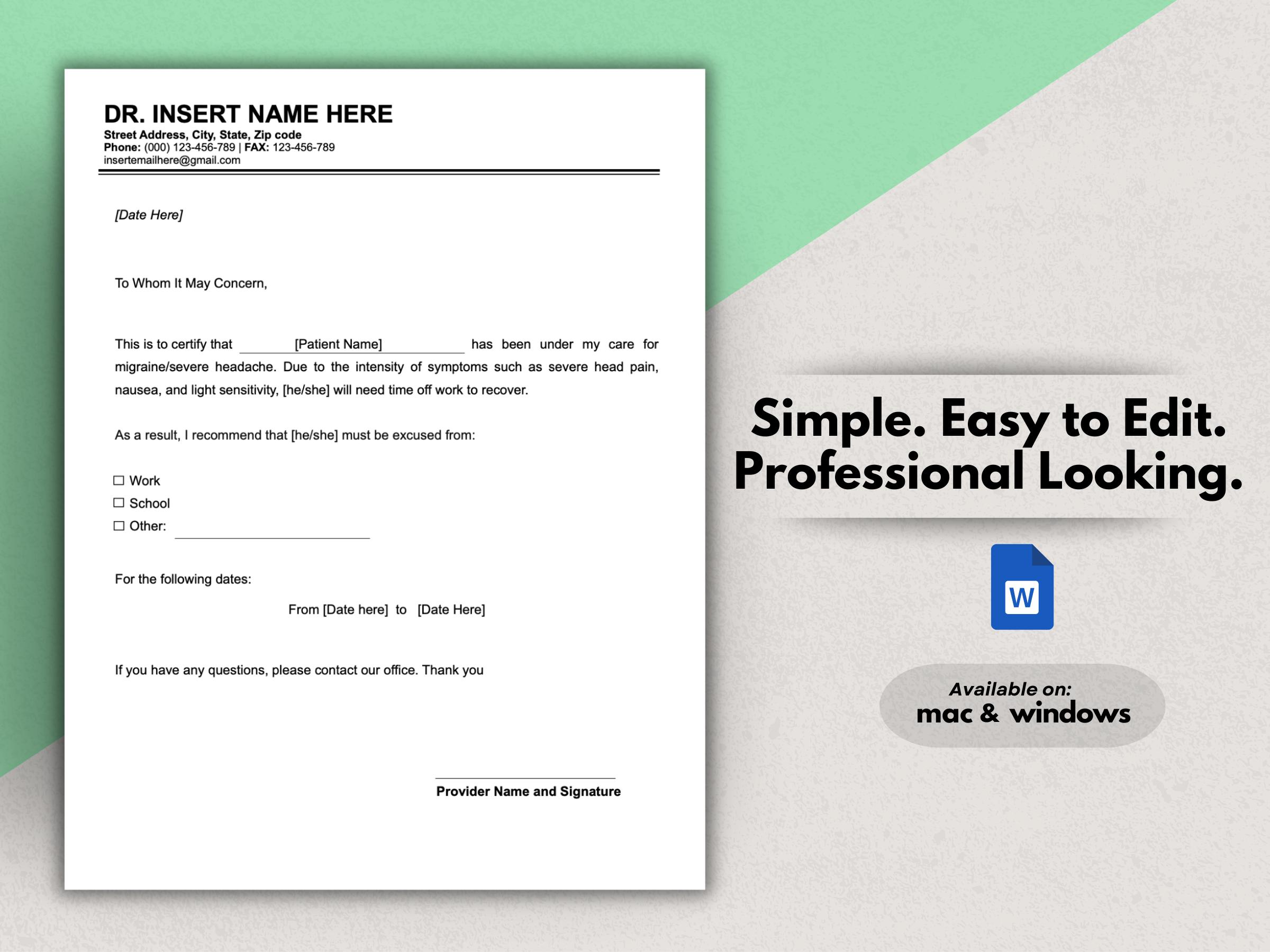 Doctor Excuse Note Template Due to Headache, Medical Excuse Note ...