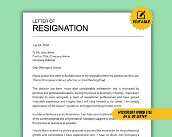 Resignation Letter Template Editable Microsoft Word - Etsy