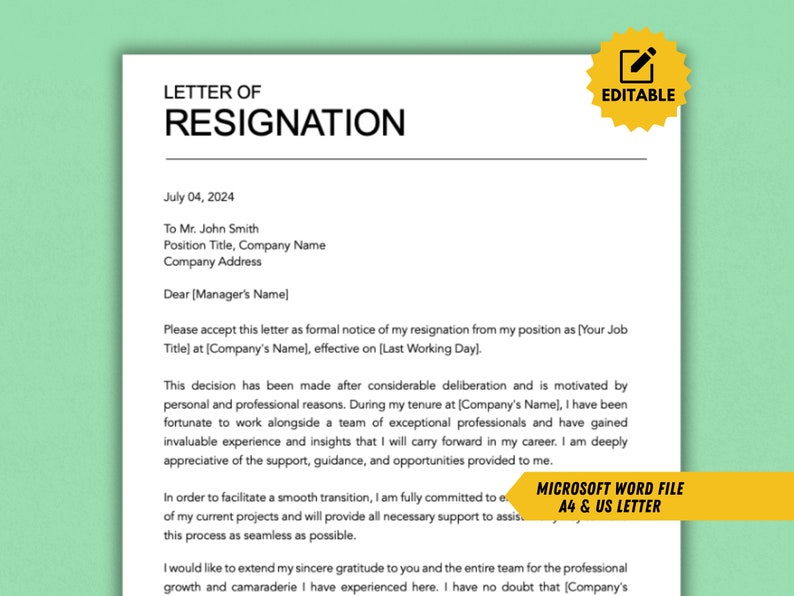 Professional Resignation Letter Template: Editable Microsoft Word (A4 ...
