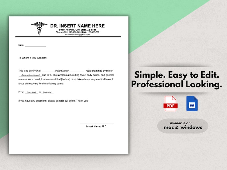Fillable Doctors Note for Work, Doctor Excuse Note Due to Flu/fever ...