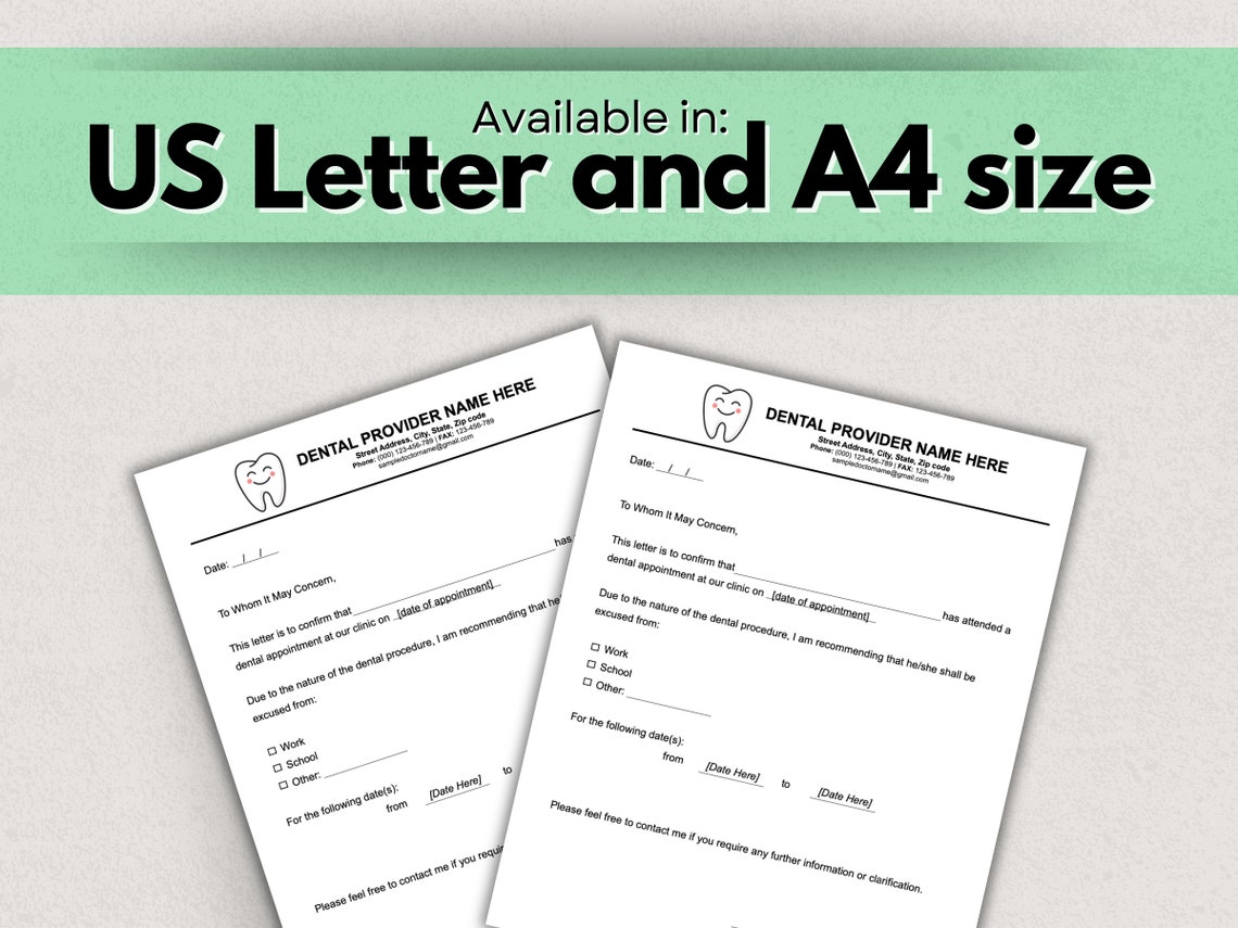 Editable Dentist Excuse Note Template (PDF & Word) - Etsy