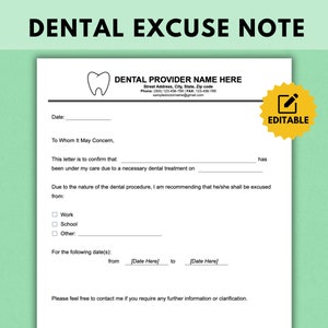 Dentist Excuse Note Template Dental Medical Excuse Note Instant ...