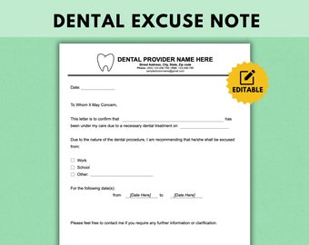 Dentist Excusenote Template Orthodontic Medical Excuse Note Instant ...