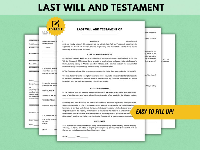 Editable Last Will and Testament Template Legal Document Estate ...