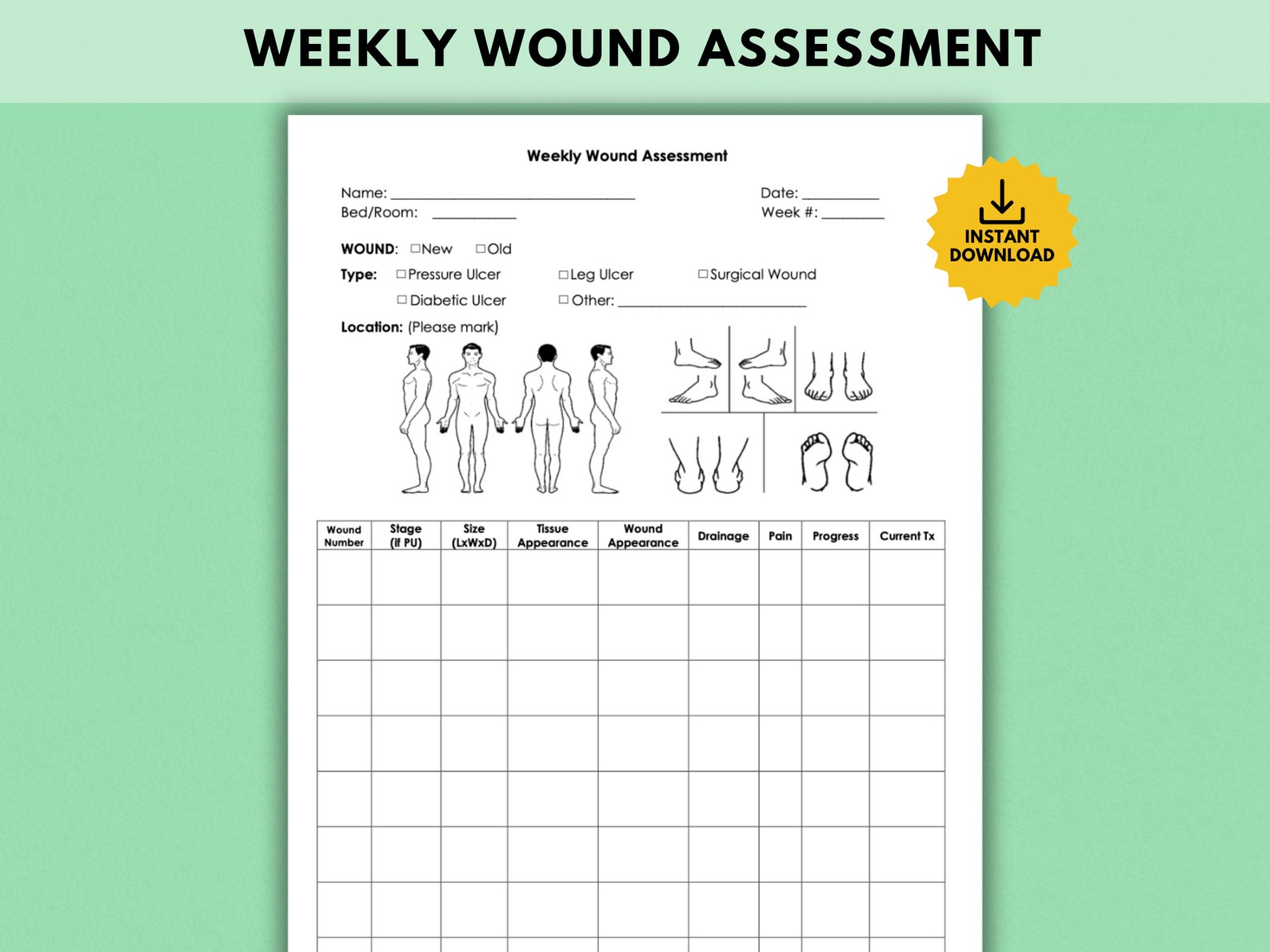Weekly Wound Assessment Sheet: Nurse Report (PDF & Word) - Etsy