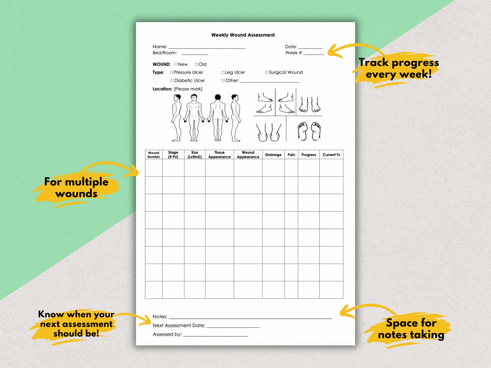 Wound Assessment Sheet Weekly Pressure Ulcer Skin Integrity Assessment ...
