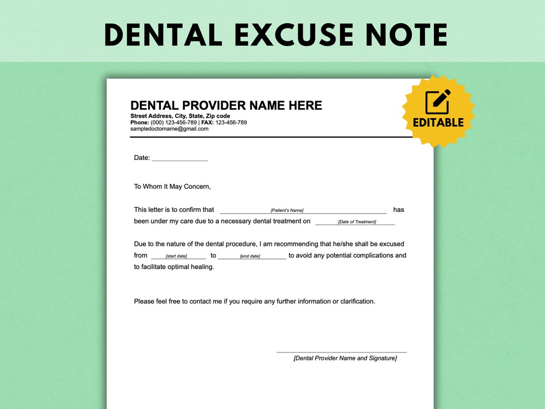 Dentist Excusenote Template Orthodontic Medical Excuse Note Instant