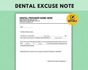 Dentist Excuse Note Template Dental Medical Excuse Note Instant ...