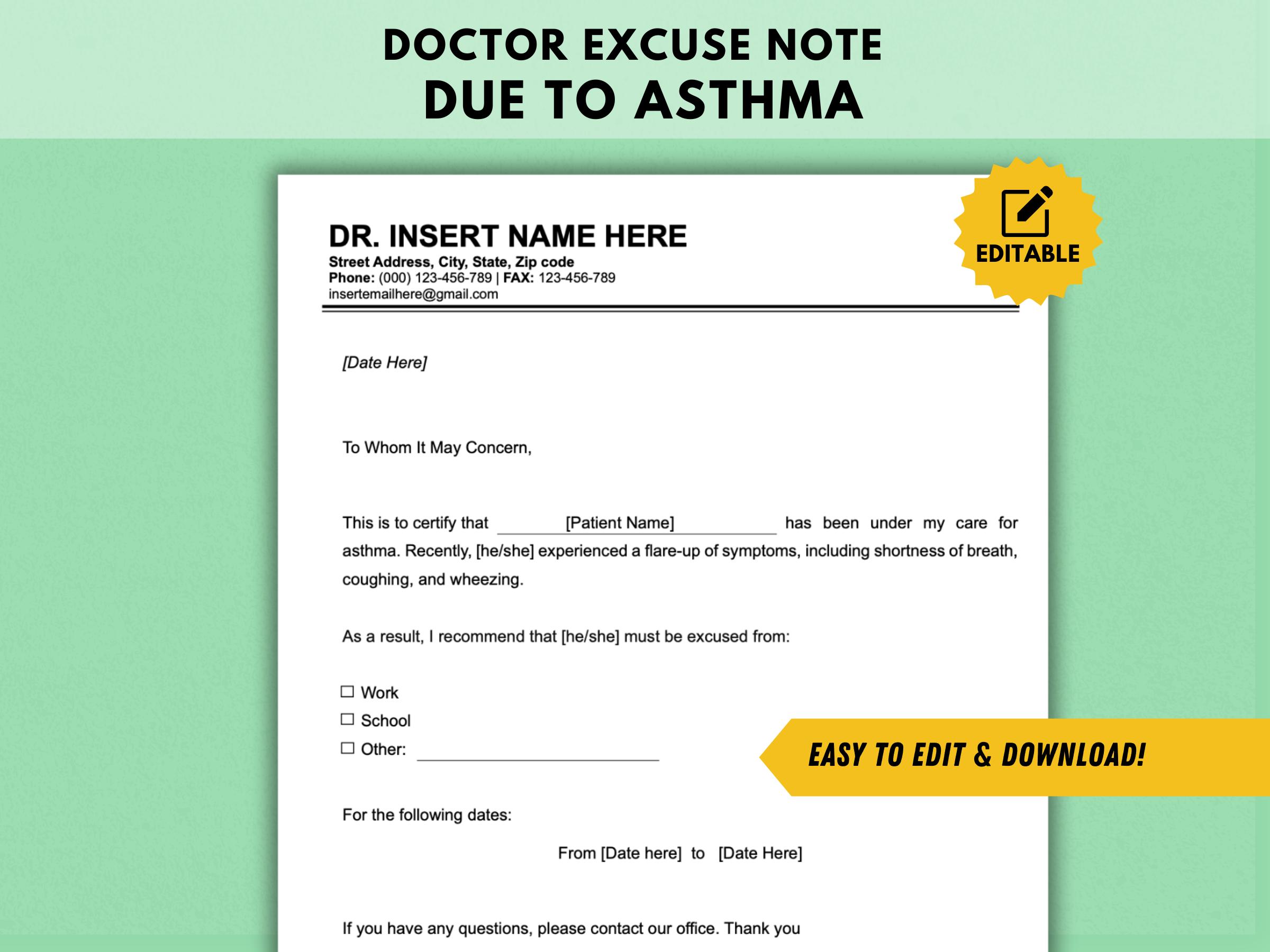 Doctor Excuse Note Template Due to Asthma, Medical Excuse Note Editable ...