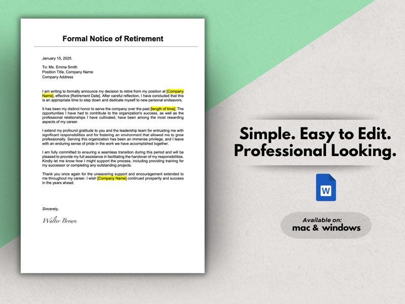 Retirement Letter, Notice of Retirement, Professional Resignation ...