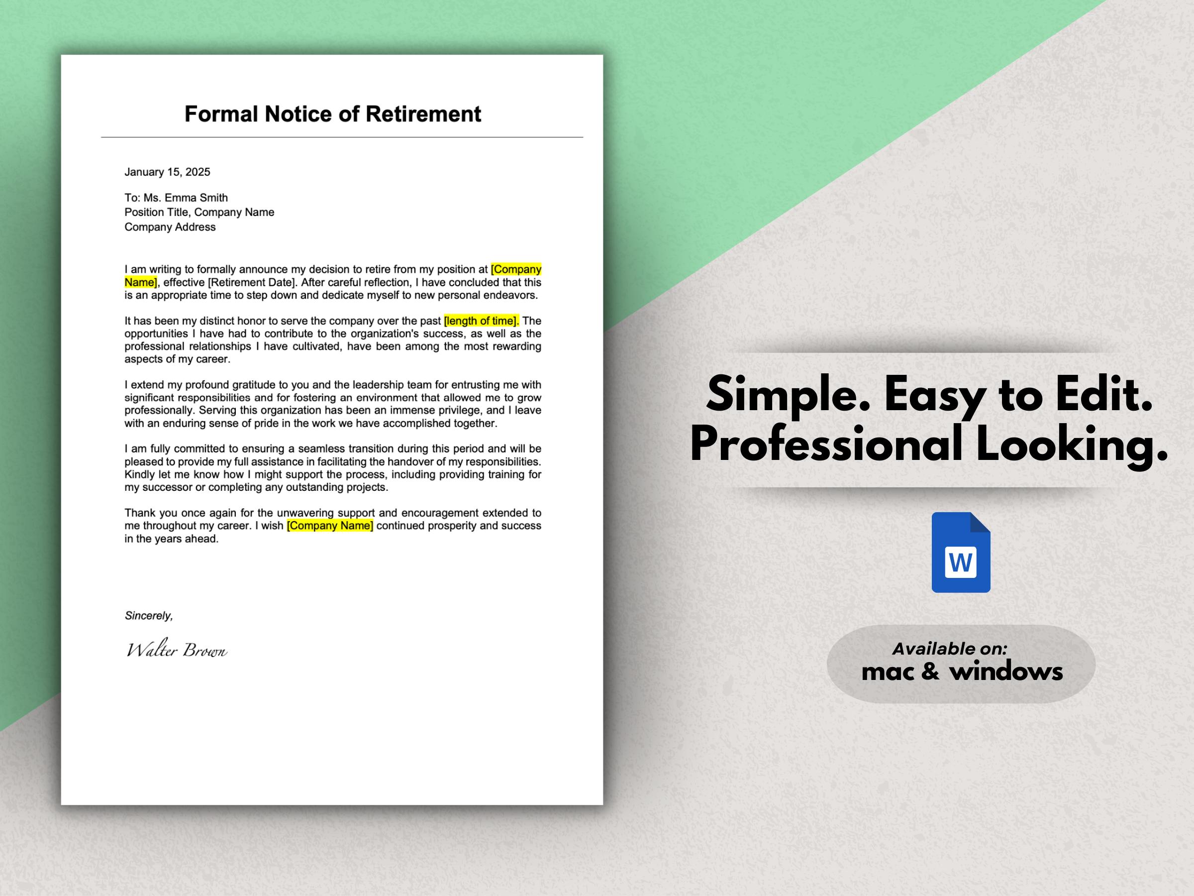 Retirement Letter, Notice of Retirement, Professional Resignation ...