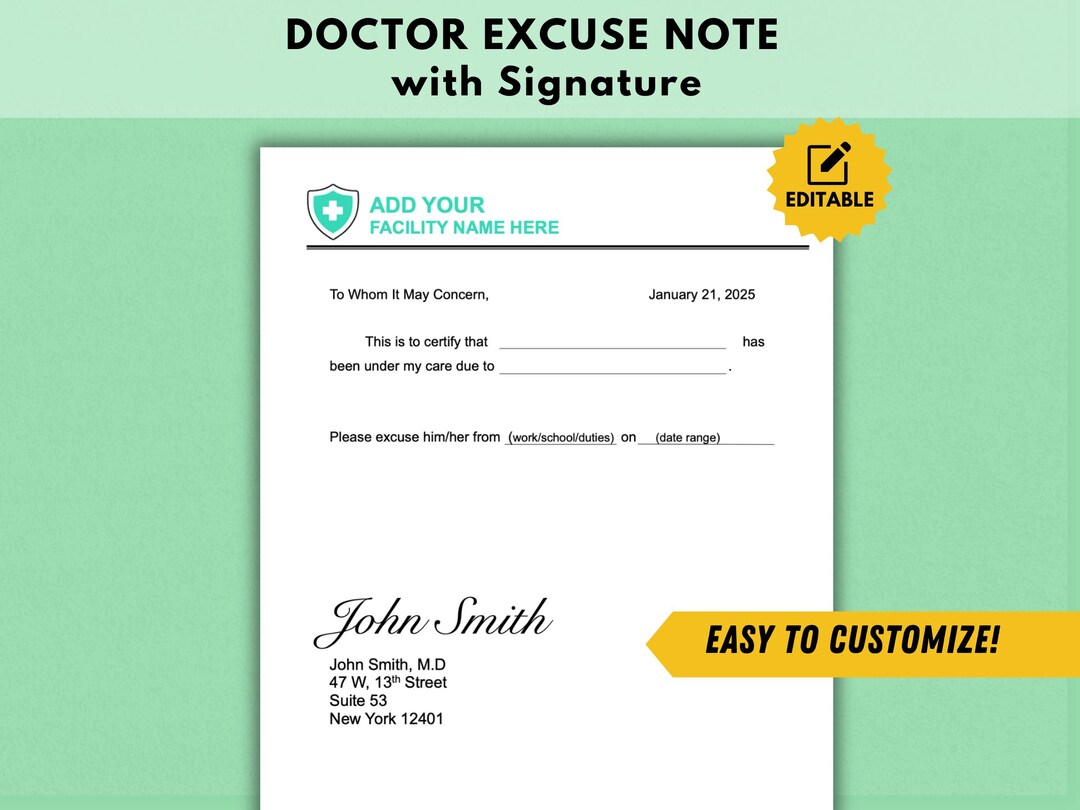 Doctor's Excuse Note Template: Customizable Medical Form (microsoft ...
